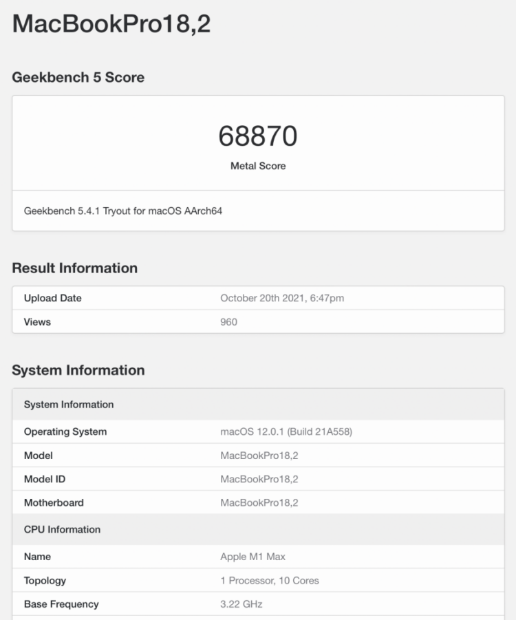 ผลทดสอบ Geekbench ของ M1 Max บน MacBook Pro รุ่น 16 นิ้ว การประมวลผล ...